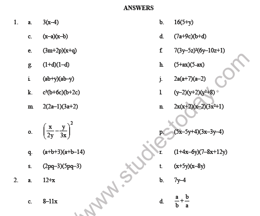Cbse Class 8 Maths Factorization Question Bank 